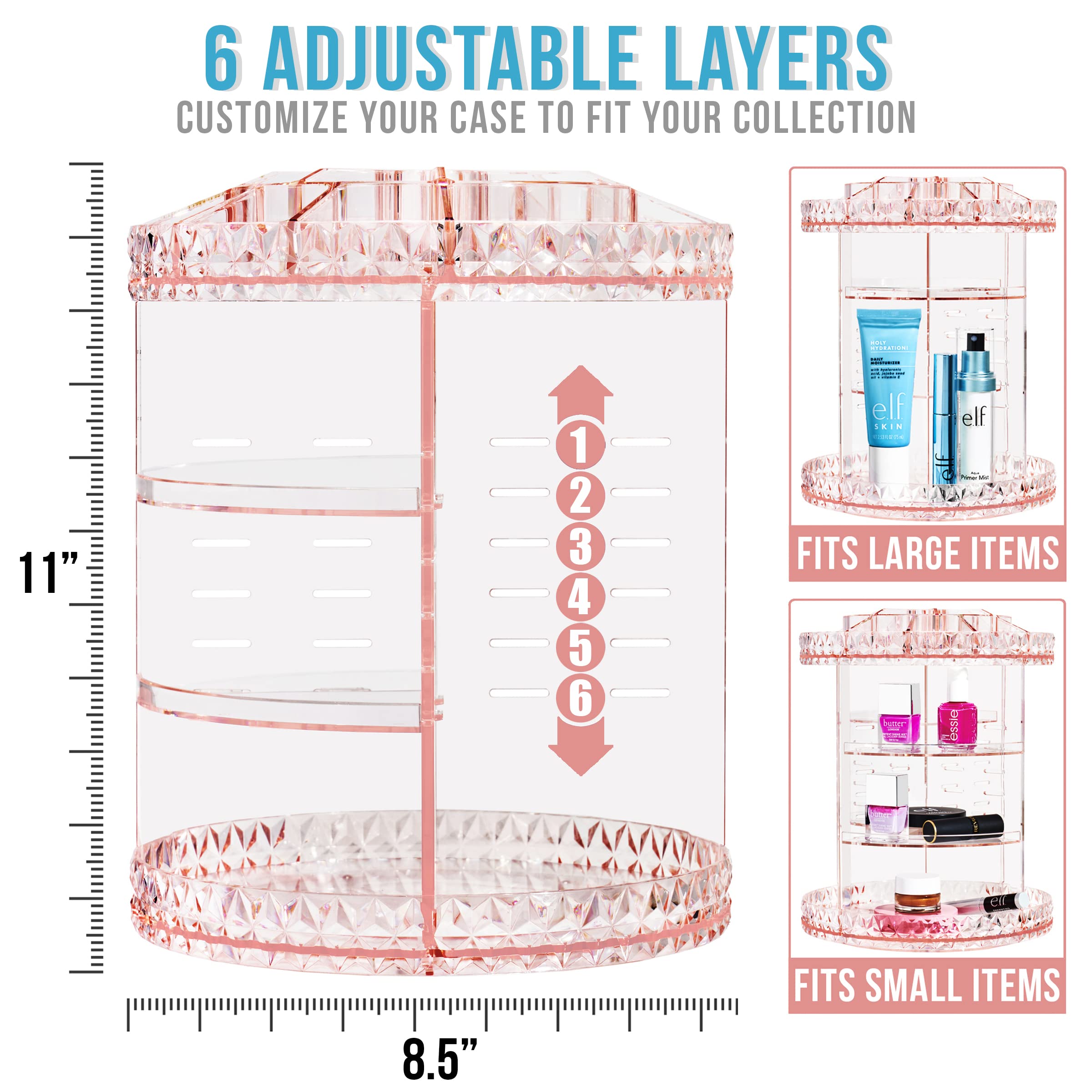 Sorbus 360 Rotating Makeup Organizer - Spinning Acrylic cosmetics organizer, Adjustable Shelves for Make Up, Perfume & Toiletries for Vanity, Bathroom, Bedroom, Closet [Pink]