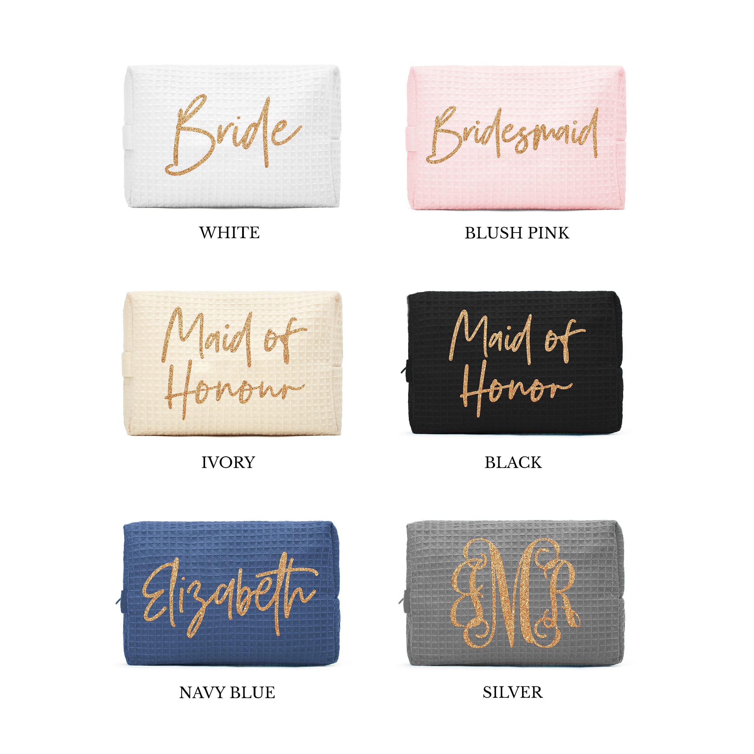 WEDDINGSTAR Women's Customizable Cotton Waffle Makeup Bag - Script Font Black