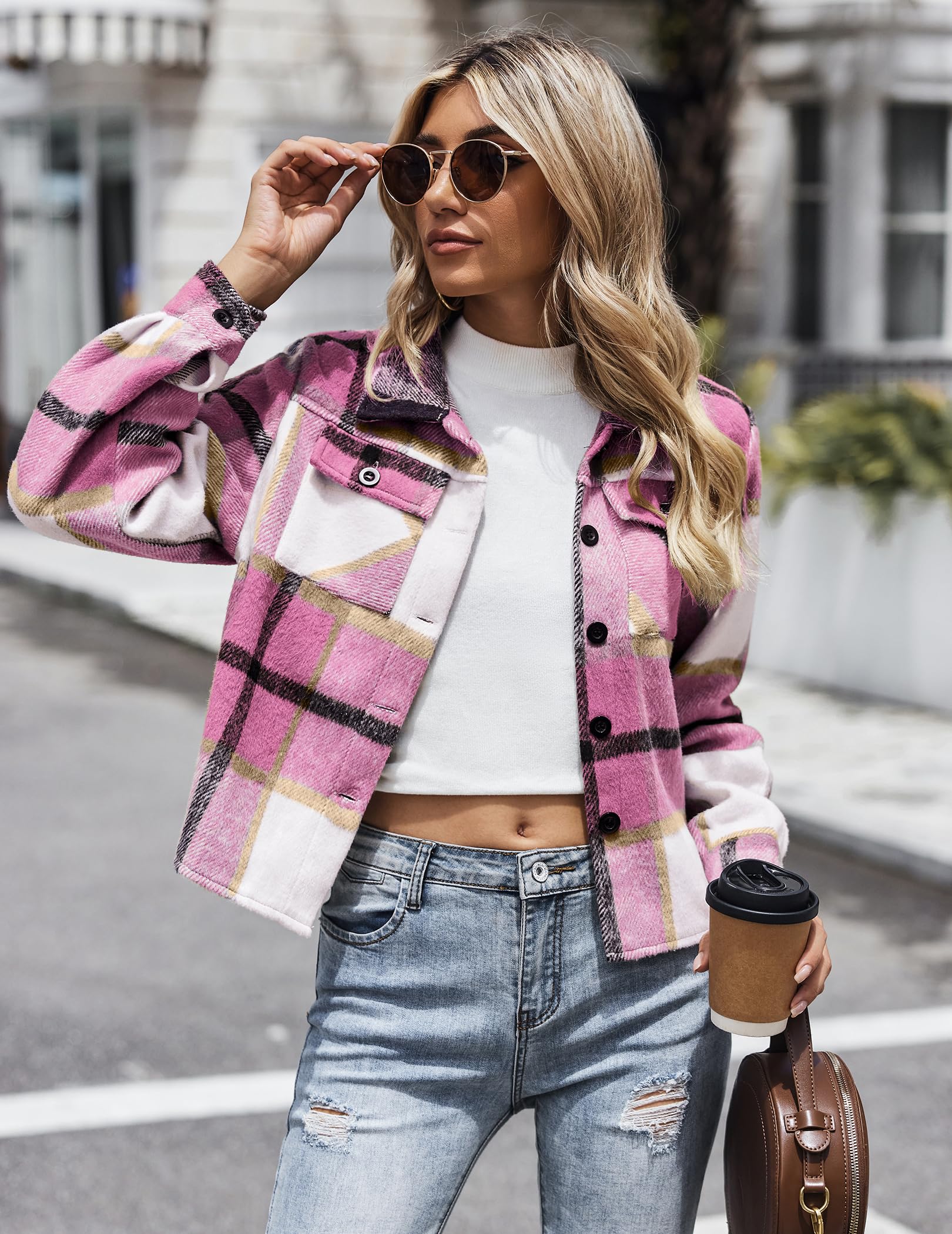 Zeagoo Shacket Womens Cropped Flannels Plaid Jacket Fall Coat Tops Fashion Button Down Blouses Jackets Coat