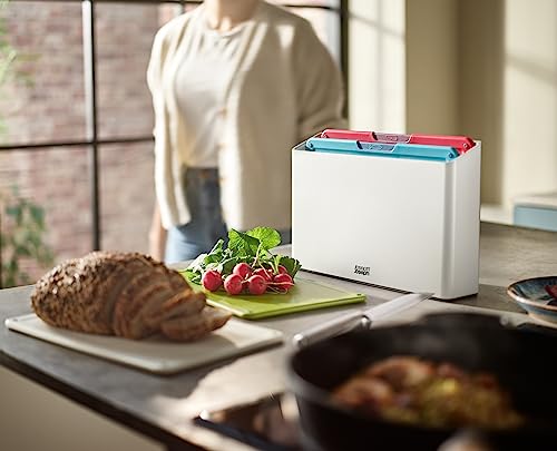 Joseph Joseph Folio Icon, 4-Piece Color coded Cutting Board Set, Slimline Case for Organized Kitchen Storage - Regular, White