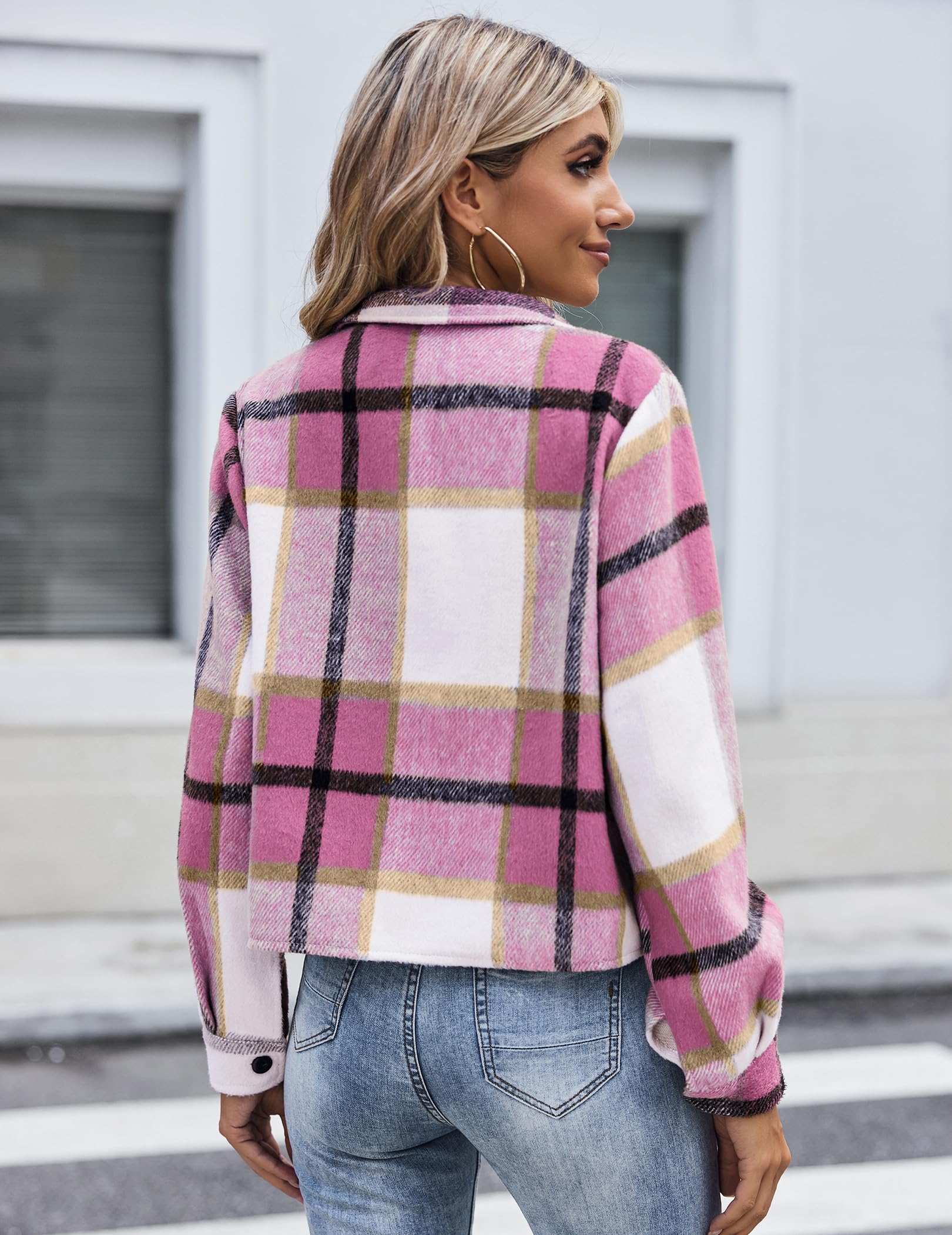 Zeagoo Shacket Womens Cropped Flannels Plaid Jacket Fall Coat Tops Fashion Button Down Blouses Jackets Coat