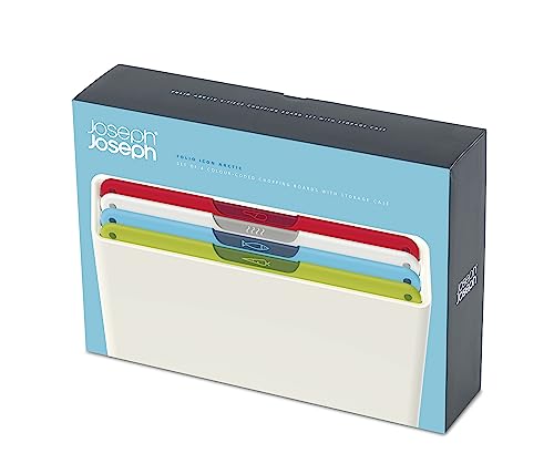 Joseph Joseph Folio Icon, 4-Piece Color coded Cutting Board Set, Slimline Case for Organized Kitchen Storage - Regular, White