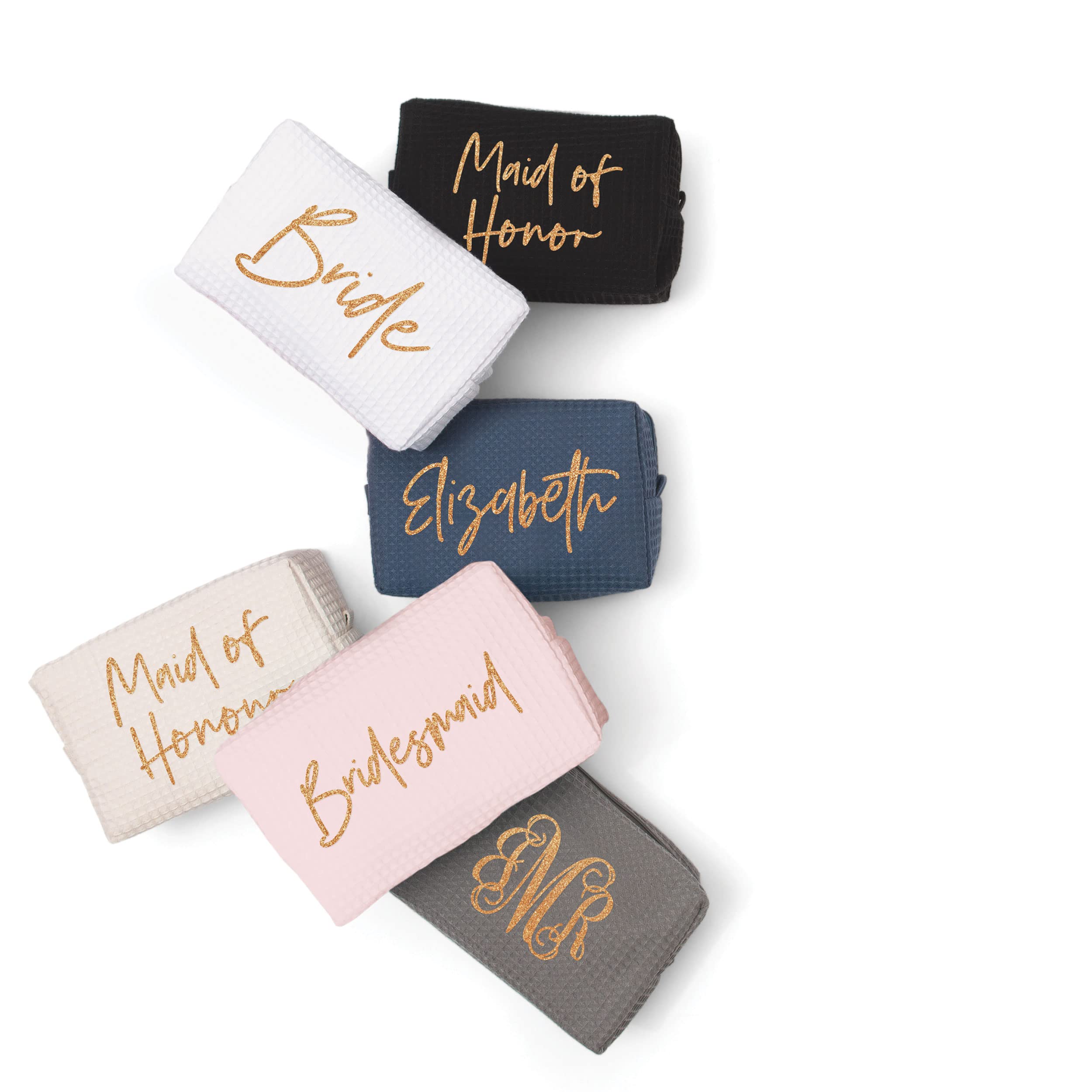 WEDDINGSTAR Women's Customizable Cotton Waffle Makeup Bag - Script Font Black