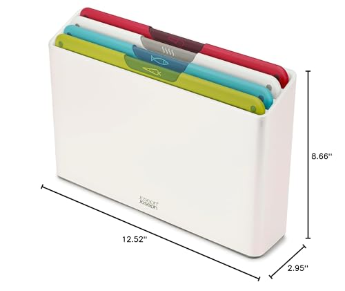Joseph Joseph Folio Icon, 4-Piece Color coded Cutting Board Set, Slimline Case for Organized Kitchen Storage - Regular, White