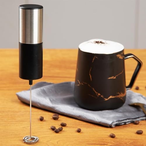 Mata1-USA Milk Frother for Coffee, Handheld Drink Mixer Electric Whisk, Mini Stirrer Wand Foam Maker, Silver & Black