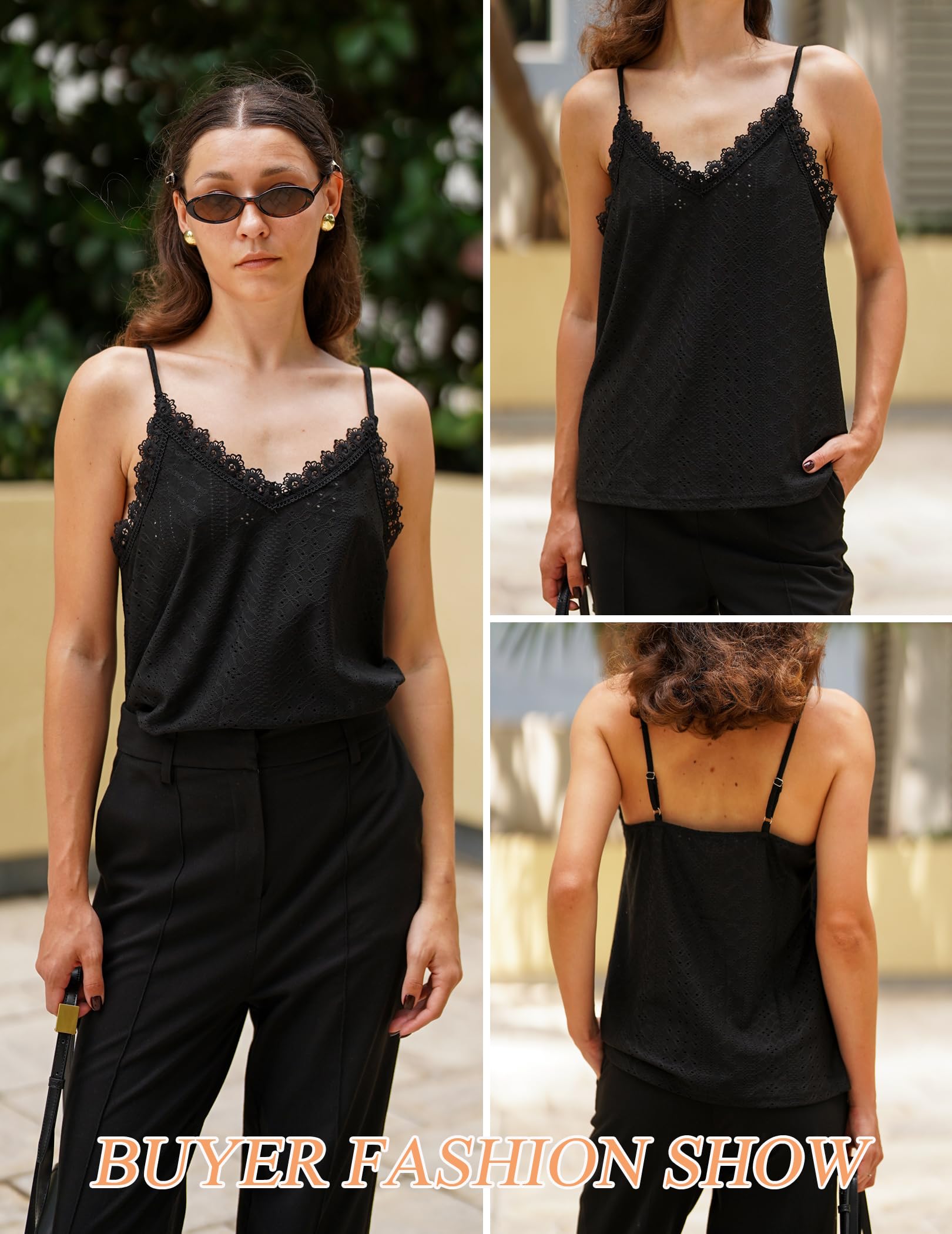 HOTOUCH Womens Tank Tops Spaghetti Strap V Neck Lace Camisole Sleeveless Summer Shirts Black