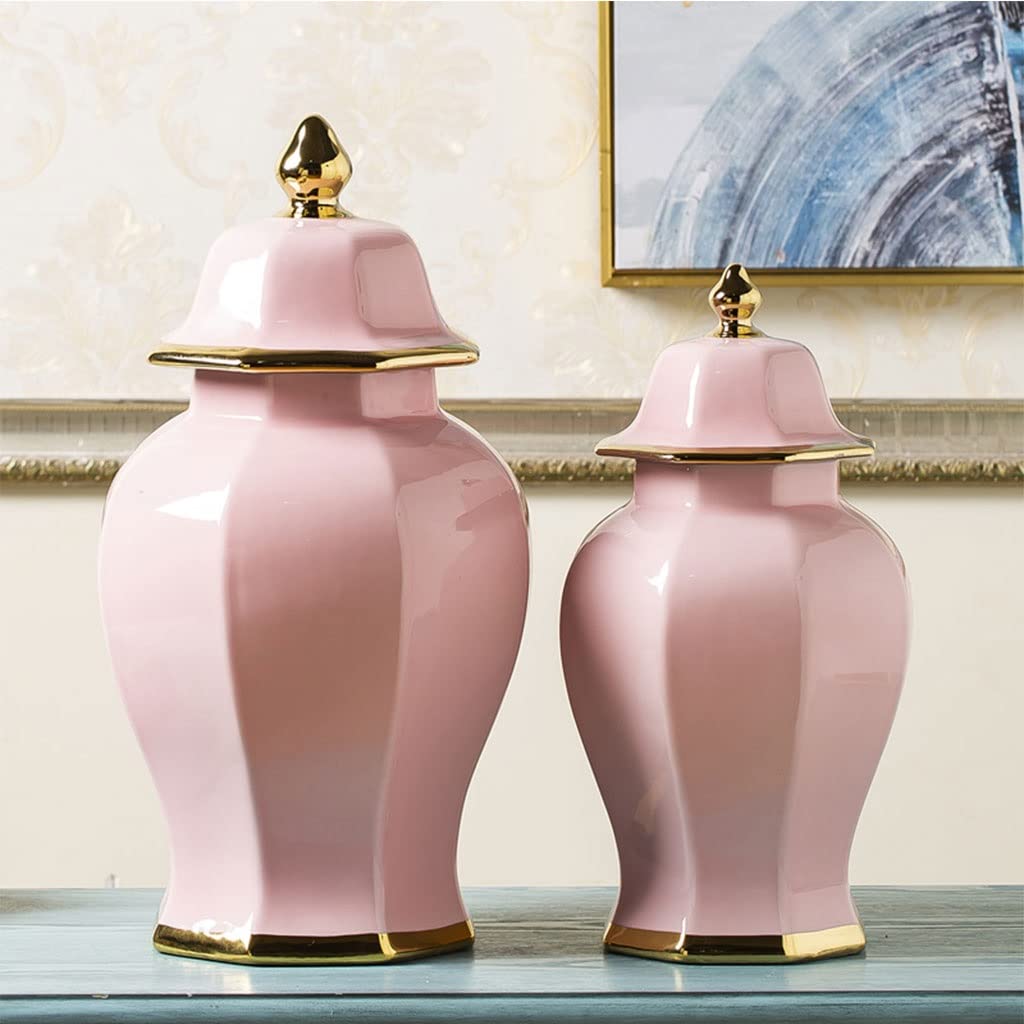 Handmade Pink Hexagon Ginger Jar Vase Ornament, Home & Living Room Decorative Jar, Gold-Plated Ceramic Temple Jar (Size : Large)
