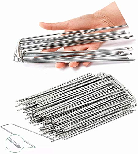 10 PCS 8 Inch Garden Stakes 4MM Diameter Heavy-Duty Landscape Staples with 10PCS Black Pad Rust Resistant U-Shaped Galvanized Garden Stakes for Installation of Turf Ground Plant Stakes
