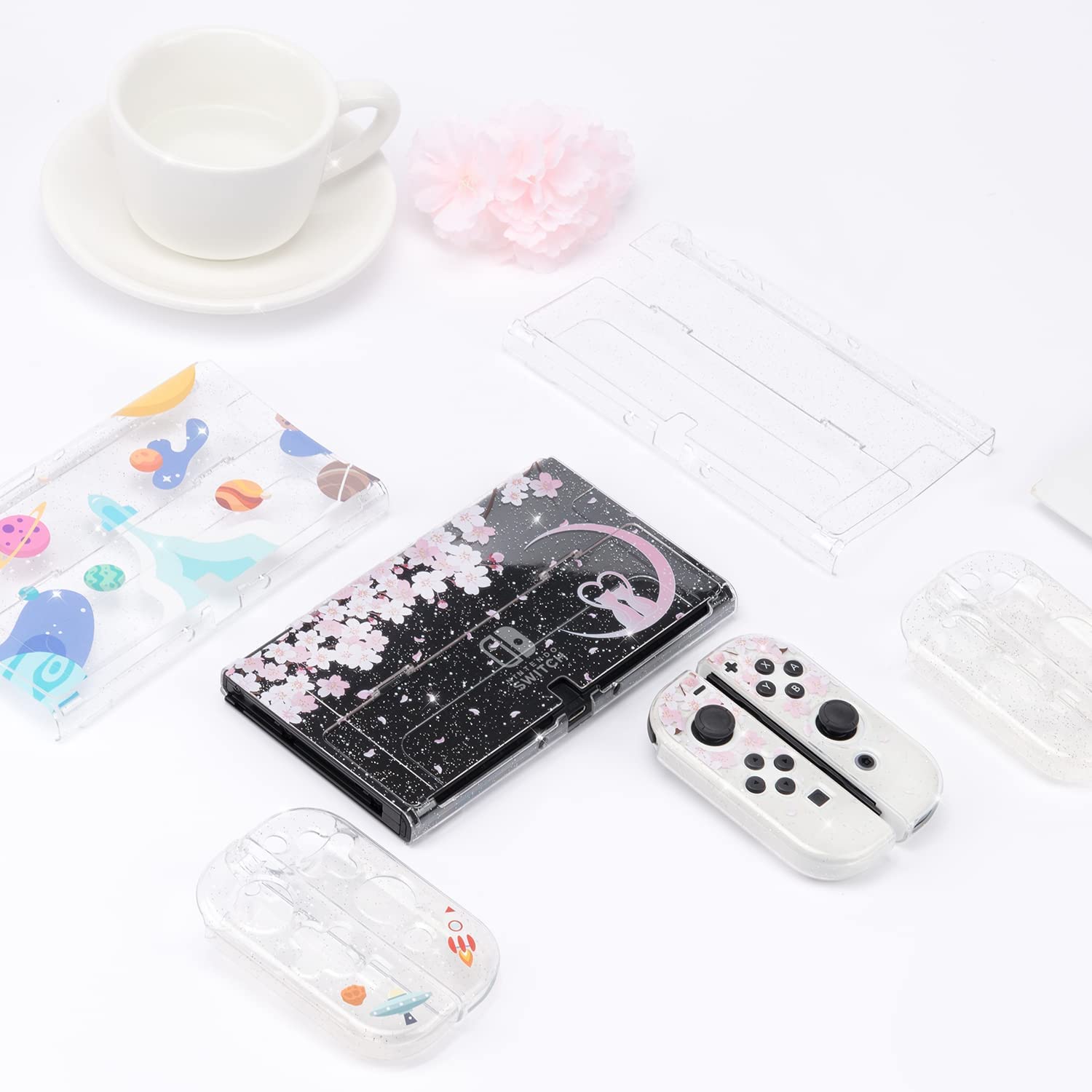 BelugaDesign Cute Anime Bundle Kit | Pastel Matching Color Carry Case Cover Skin Thumb Grips for Girls | Compatible with Nintendo Switch OLED