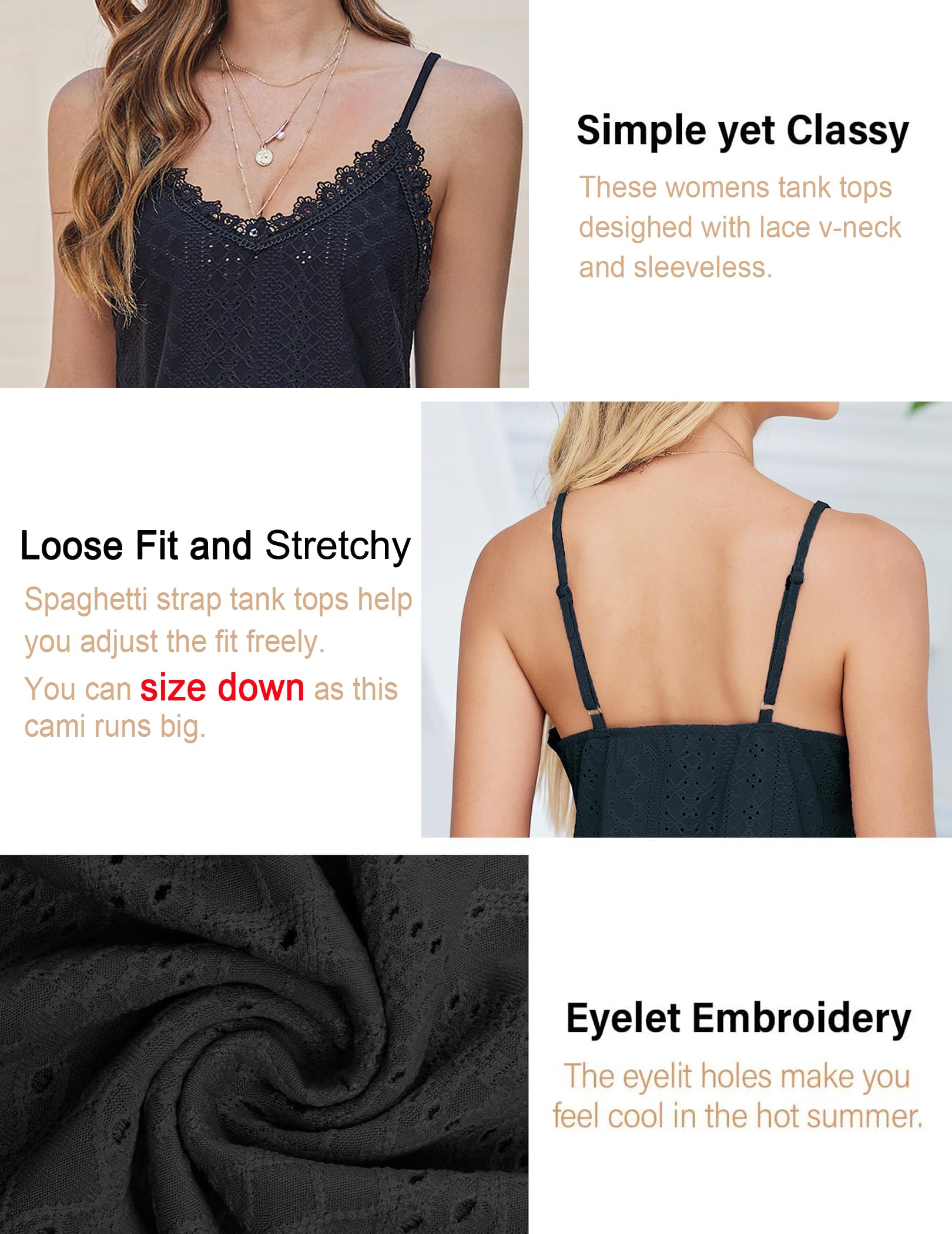 HOTOUCH Womens Tank Tops Spaghetti Strap V Neck Lace Camisole Sleeveless Summer Shirts Black