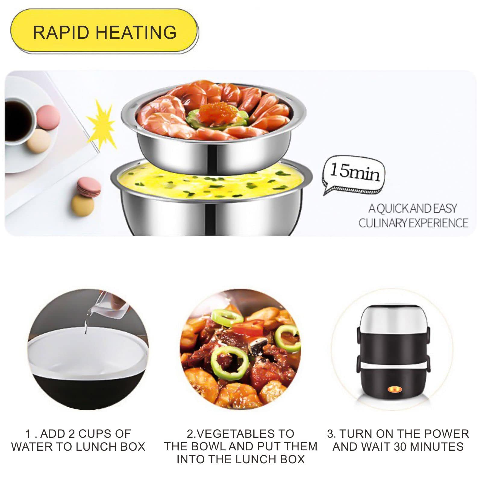 3 Layers Electric Warmer Lunch Box Food Heater Portable Bento Rice Cooker Office Lunch Containers Warming Home Food Grade Material Steamer with Stainless Steel Bowls, Egg Steaming Rack -Brown