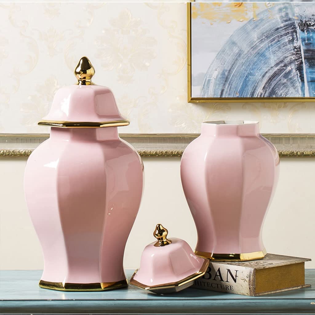 Handmade Pink Hexagon Ginger Jar Vase Ornament, Home & Living Room Decorative Jar, Gold-Plated Ceramic Temple Jar (Size : Large)