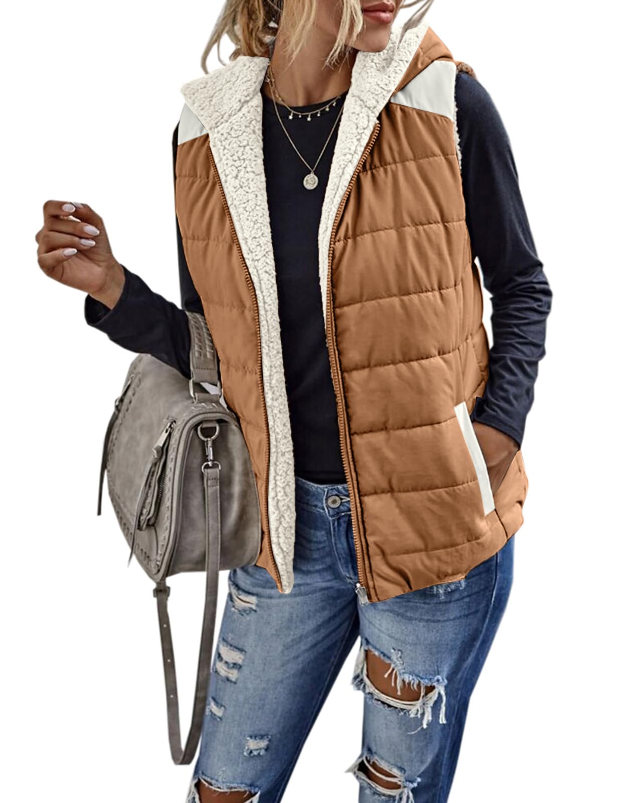 Womens Sherpa Fleece Full Zip Reversible Vest Warm Color Block Hoodie Outwear with Pocket