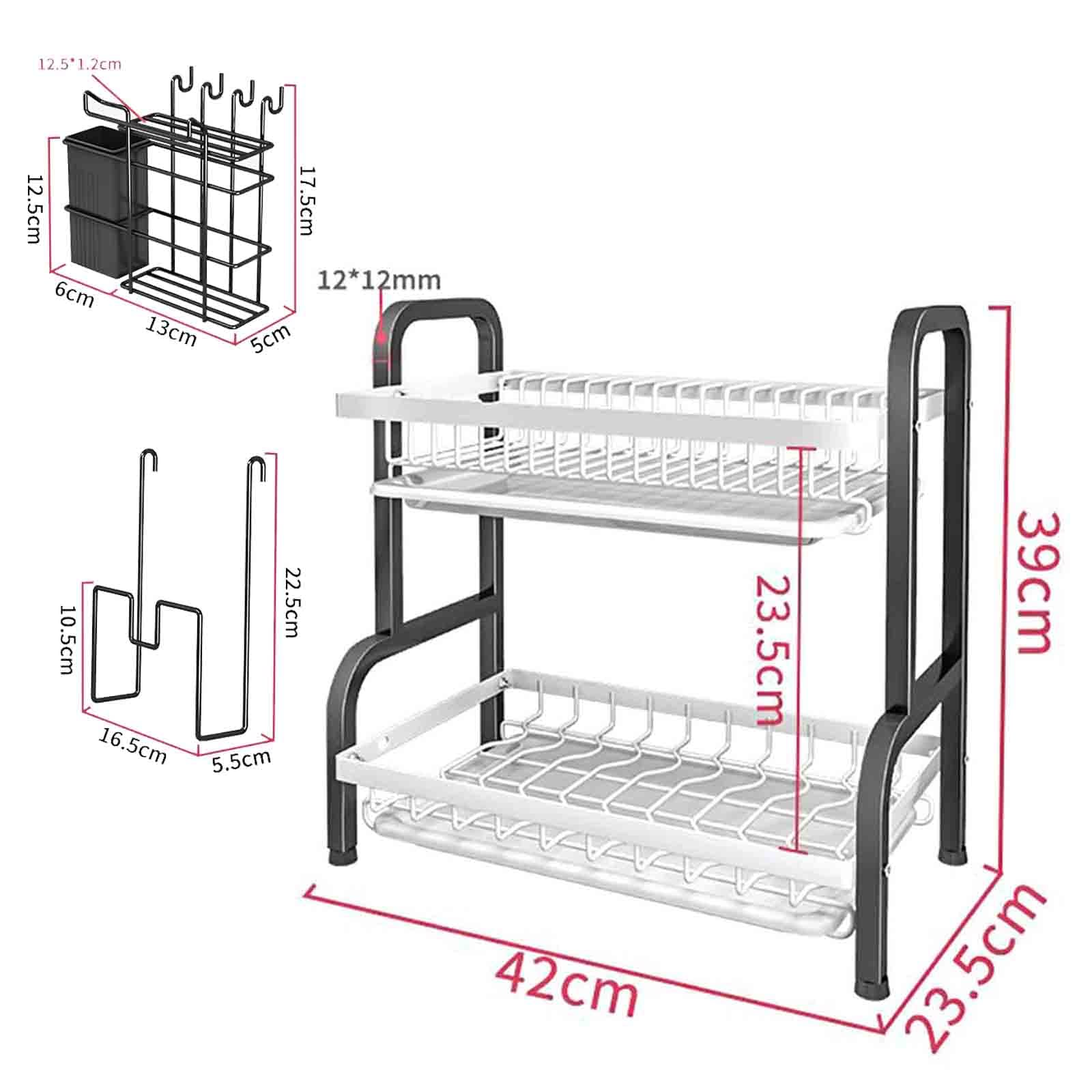 2 Tier Kitchen Dish Drain Rack, Anti Rust Carbon Steel Countertop Organizer, with Utensil & Board Holder & Chopstick Holder