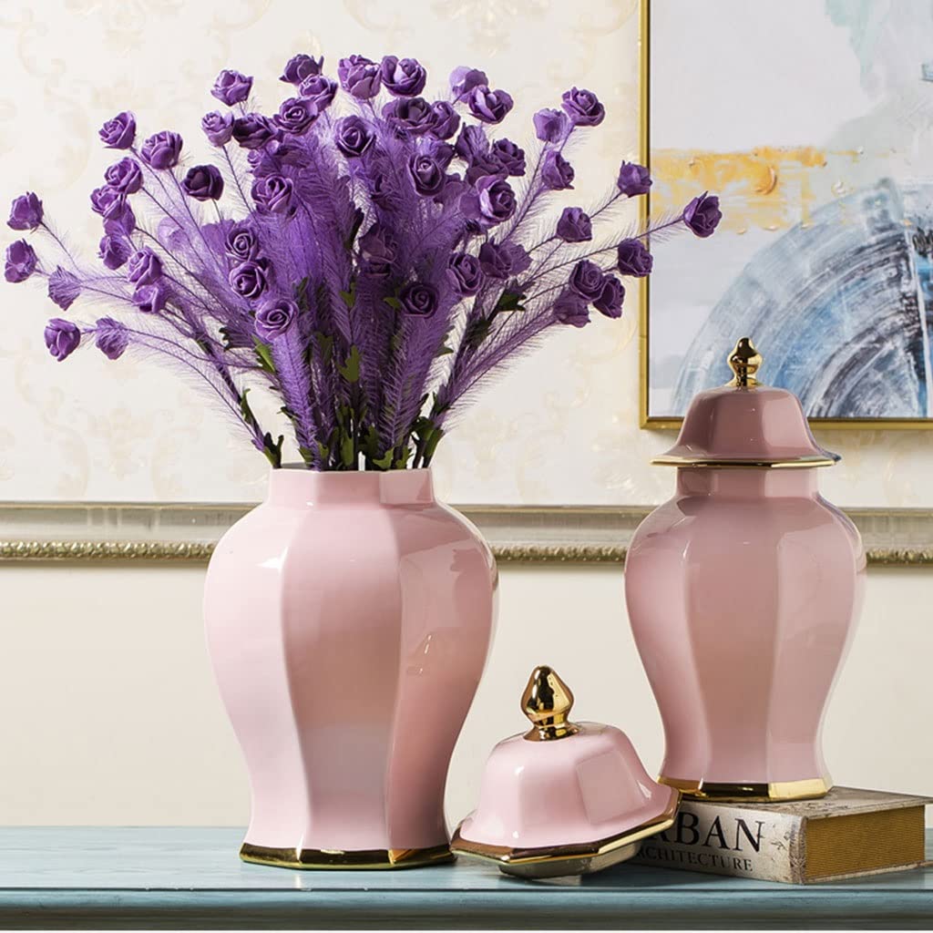 Handmade Pink Hexagon Ginger Jar Vase Ornament, Home & Living Room Decorative Jar, Gold-Plated Ceramic Temple Jar (Size : Large)