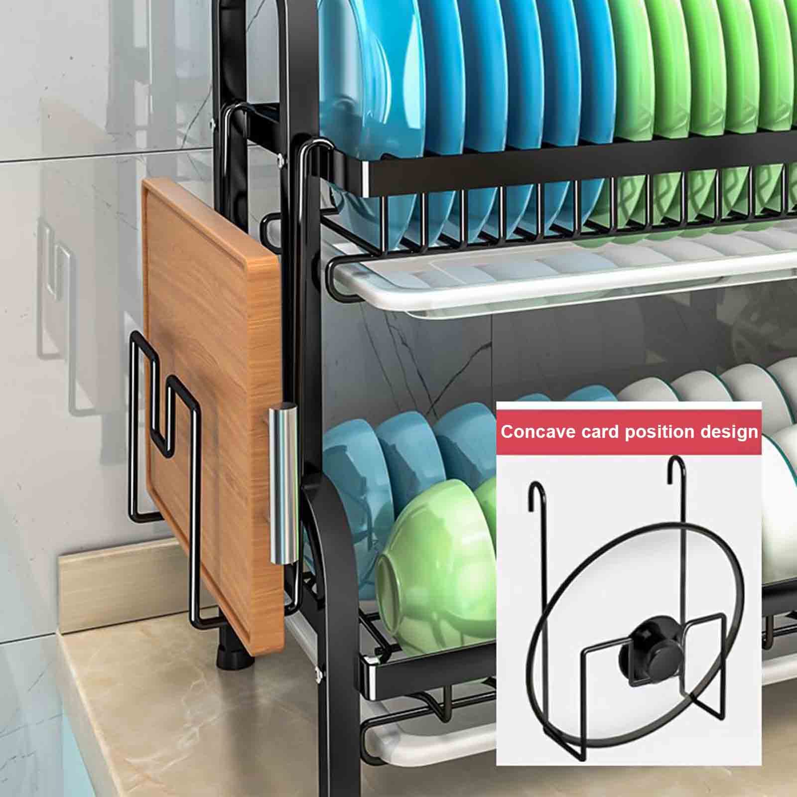 2 Tier Kitchen Dish Drain Rack, Anti Rust Carbon Steel Countertop Organizer, with Utensil & Board Holder & Chopstick Holder