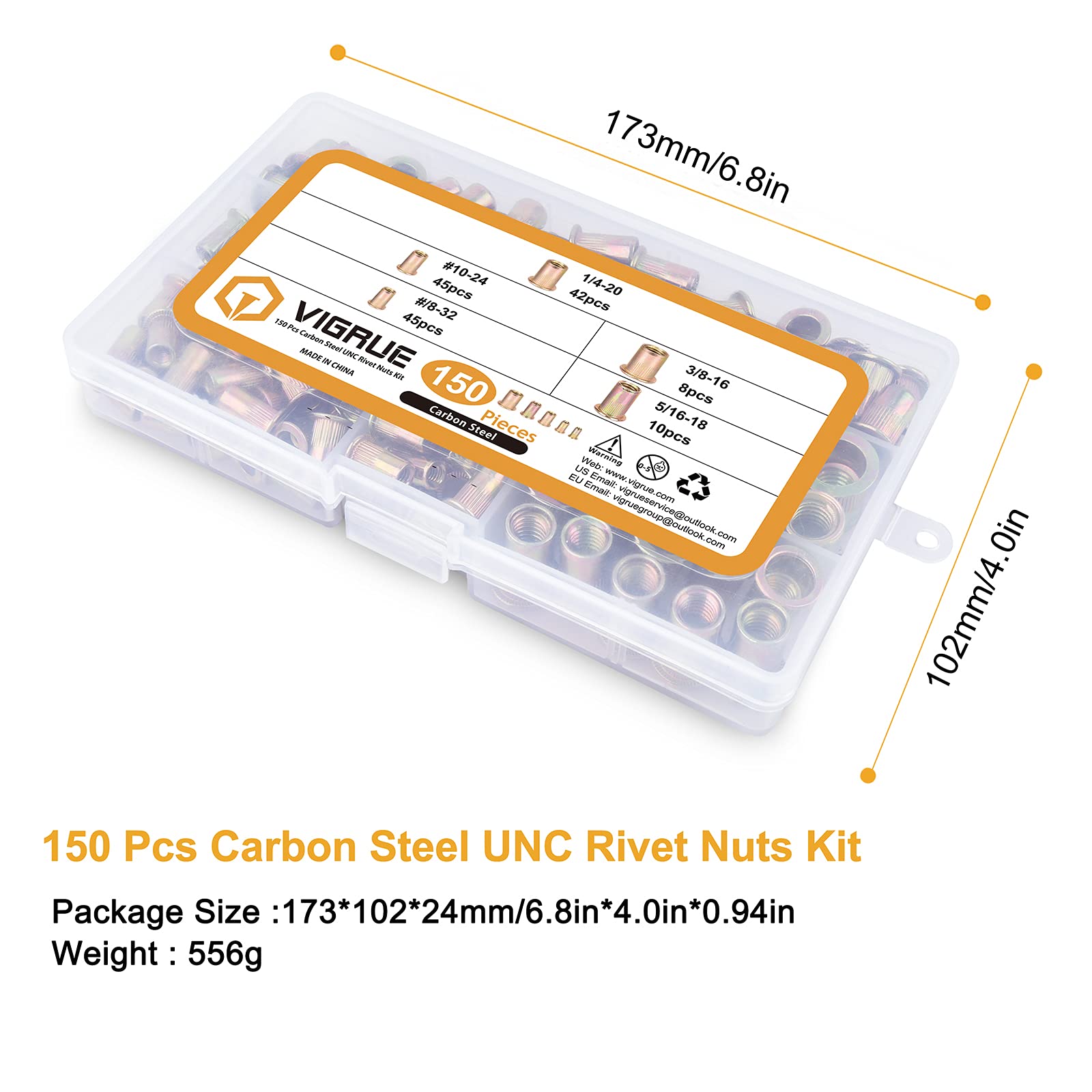 VIGRUE 150pcs #8-32#10-24 1/4"-20 5/16"-18 3/8"-16 Carbon Steel UNC Rivet Nuts Assortment Kit, Yellow Zinc Plated Finish, Flat Head Threaded Insert Nut Assort