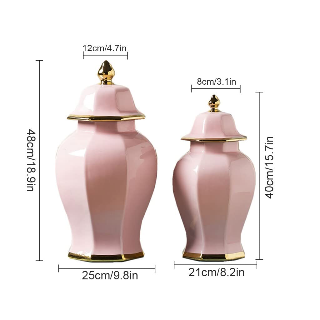 Handmade Pink Hexagon Ginger Jar Vase Ornament, Home & Living Room Decorative Jar, Gold-Plated Ceramic Temple Jar (Size : Large)