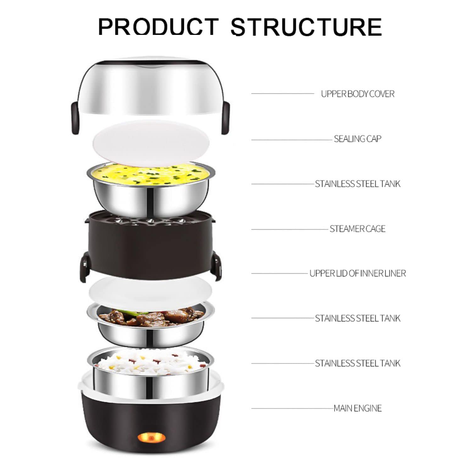 3 Layers Electric Warmer Lunch Box Food Heater Portable Bento Rice Cooker Office Lunch Containers Warming Home Food Grade Material Steamer with Stainless Steel Bowls, Egg Steaming Rack -Brown