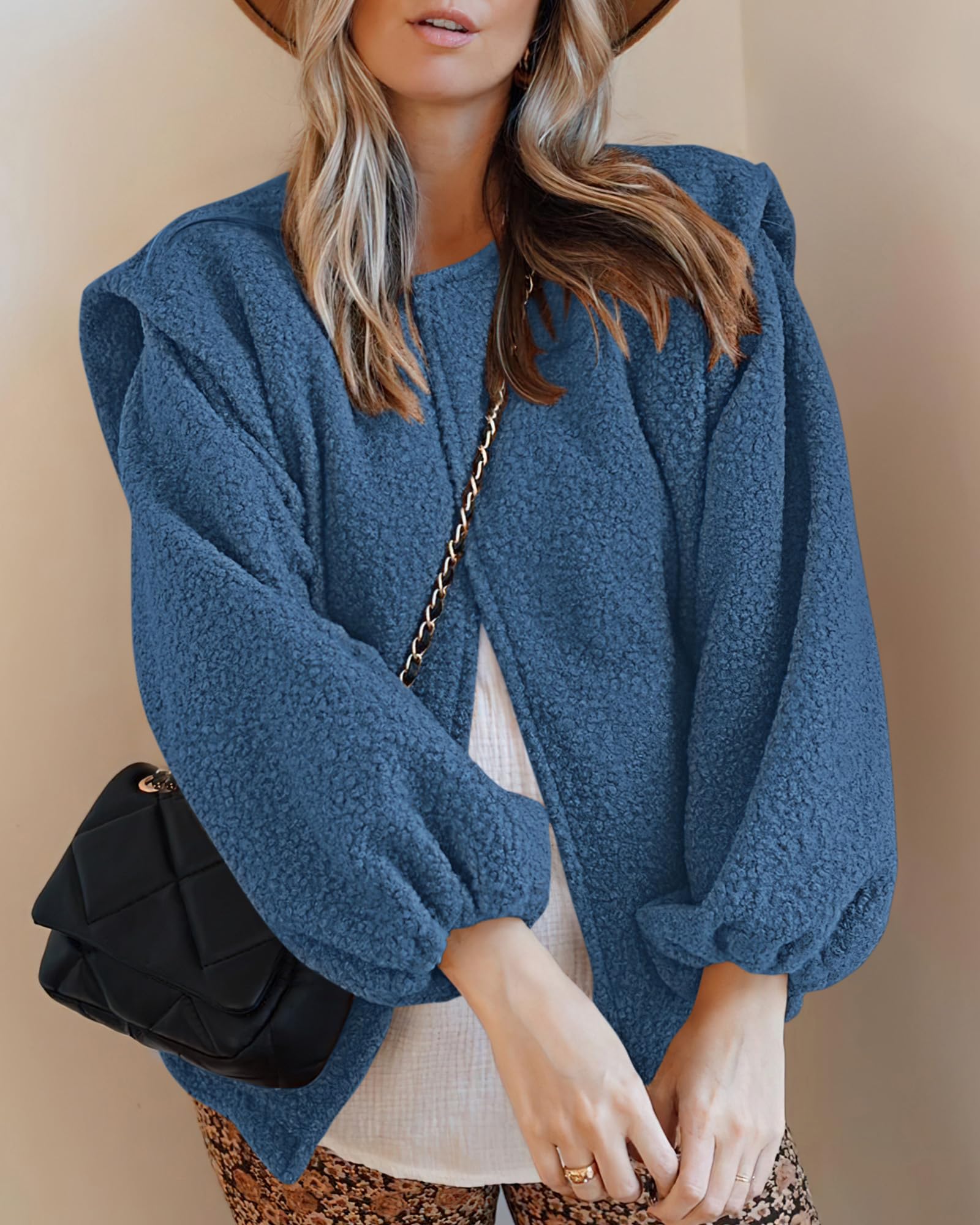KIRUNDO Women's 2024 Fall Winter Sherpa Fleece Jacket Faux Wool Embedded Lantern Sleeve Casual Loose Outwear With Pockets(Blue, Small)