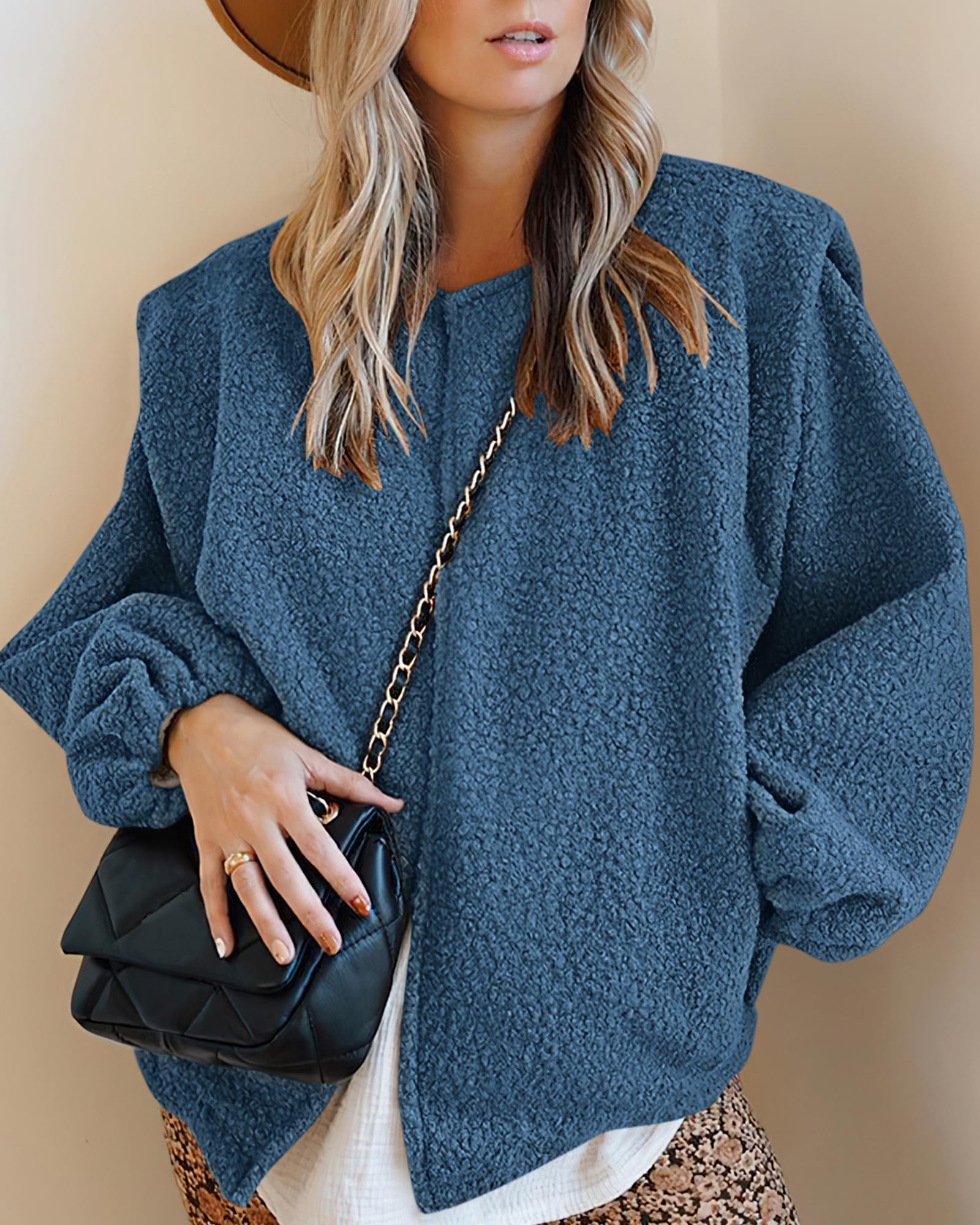 KIRUNDO Women's 2024 Fall Winter Sherpa Fleece Jacket Faux Wool Embedded Lantern Sleeve Casual Loose Outwear With Pockets(Blue, Small)