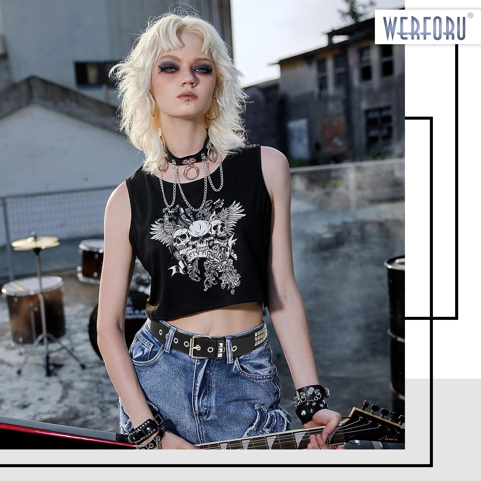 WERFORU Black Studded Belt, Punk Rock Rivet Belt for Women Men Gothic Belt for Jeans