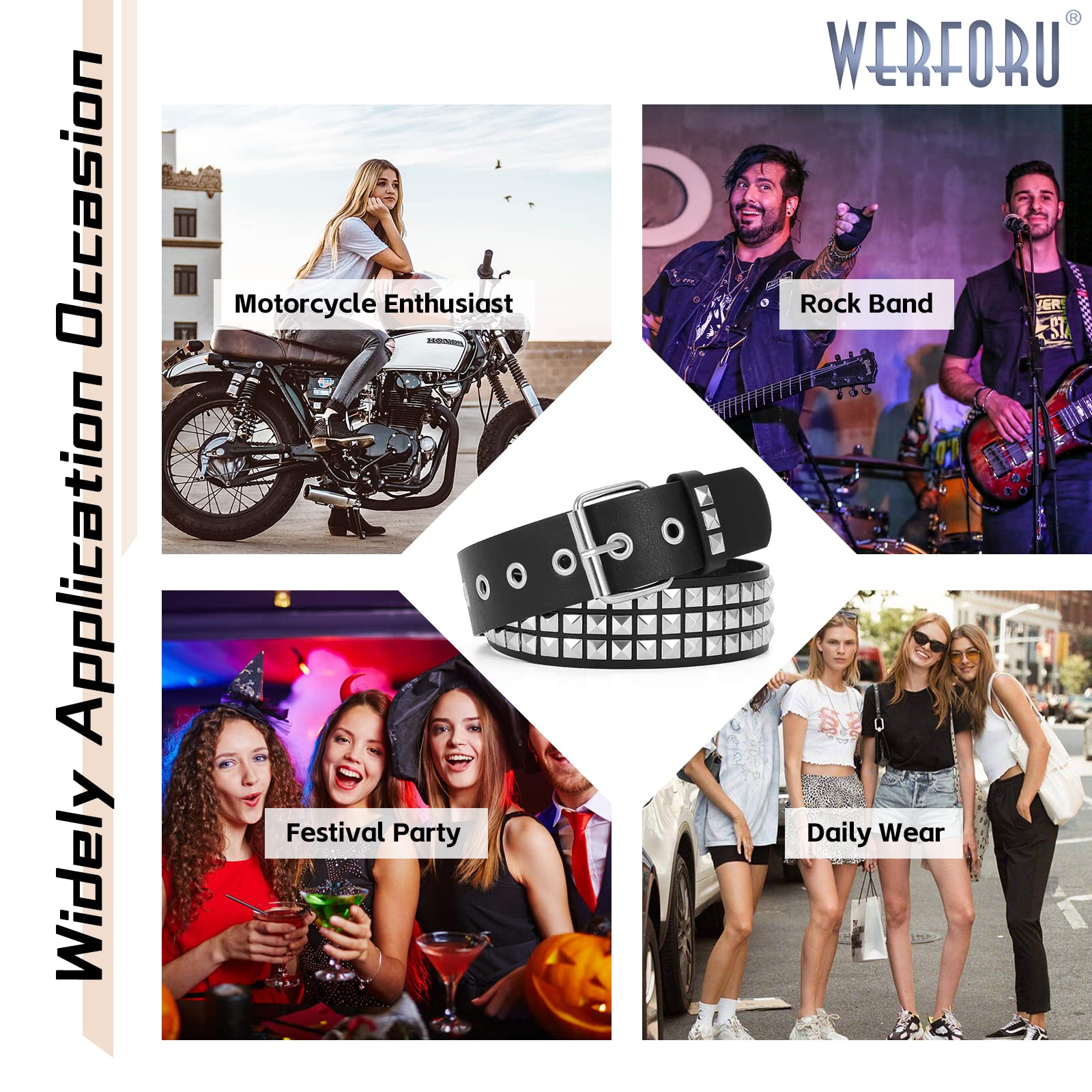 WERFORU Black Studded Belt, Punk Rock Rivet Belt for Women Men Gothic Belt for Jeans