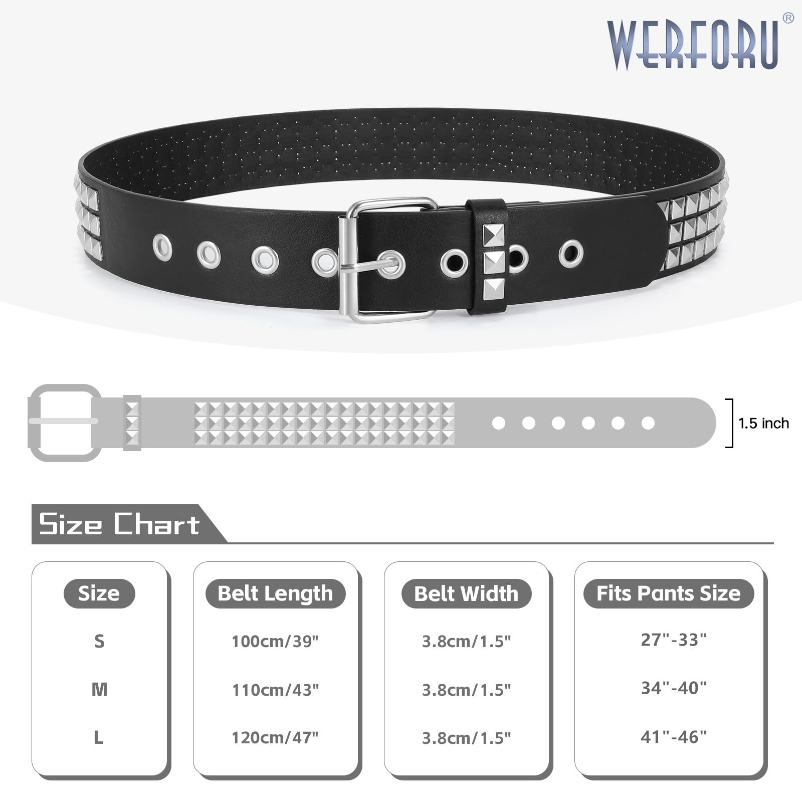 WERFORU Black Studded Belt, Punk Rock Rivet Belt for Women Men Gothic Belt for Jeans