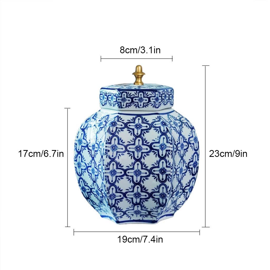 Blue and White Hand Painted Pattern Ceramic Ginger Jar with Lid Storage Decorative Jar for Home Decor