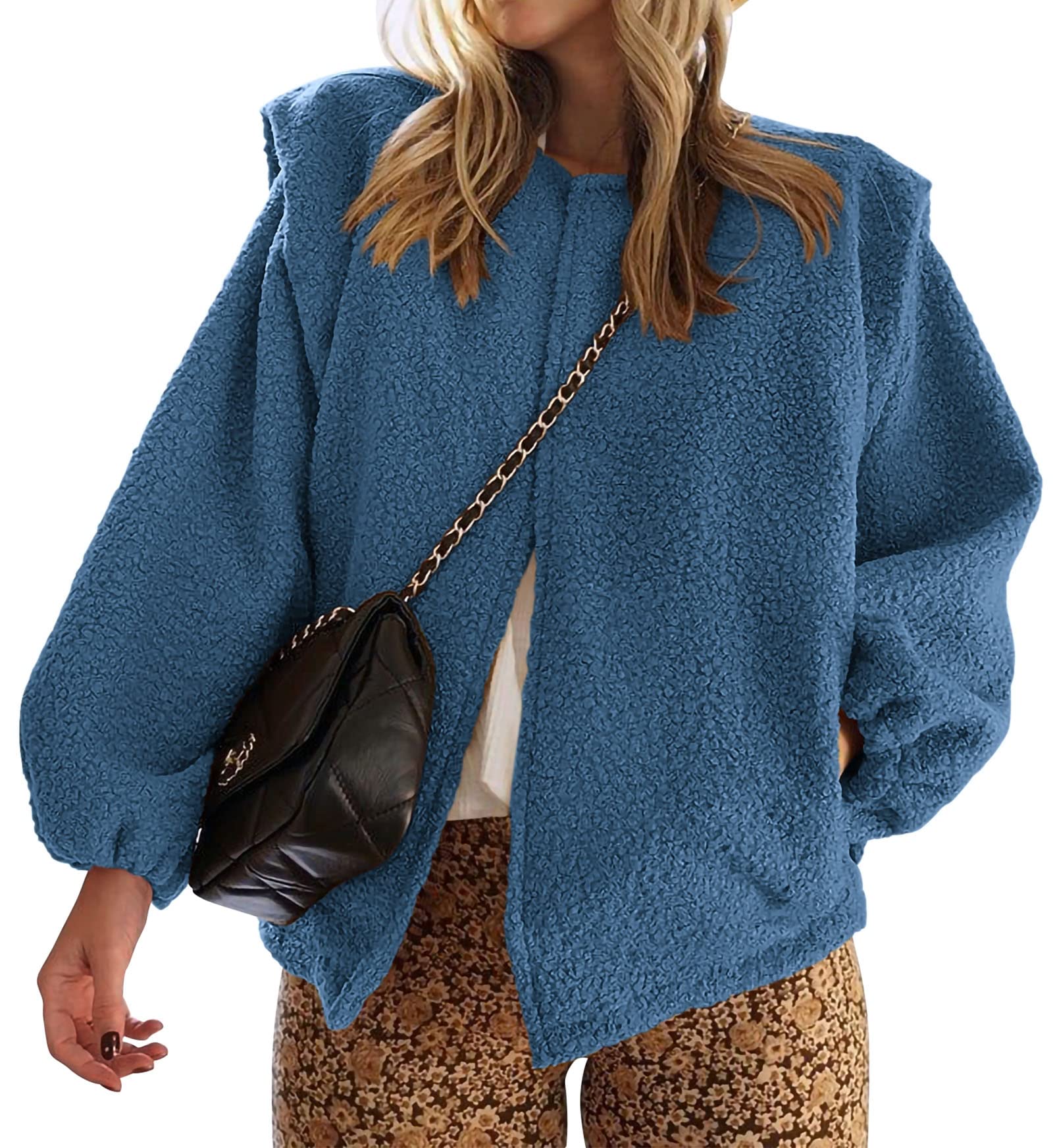 KIRUNDO Women's 2024 Fall Winter Sherpa Fleece Jacket Faux Wool Embedded Lantern Sleeve Casual Loose Outwear With Pockets(Blue, Small)