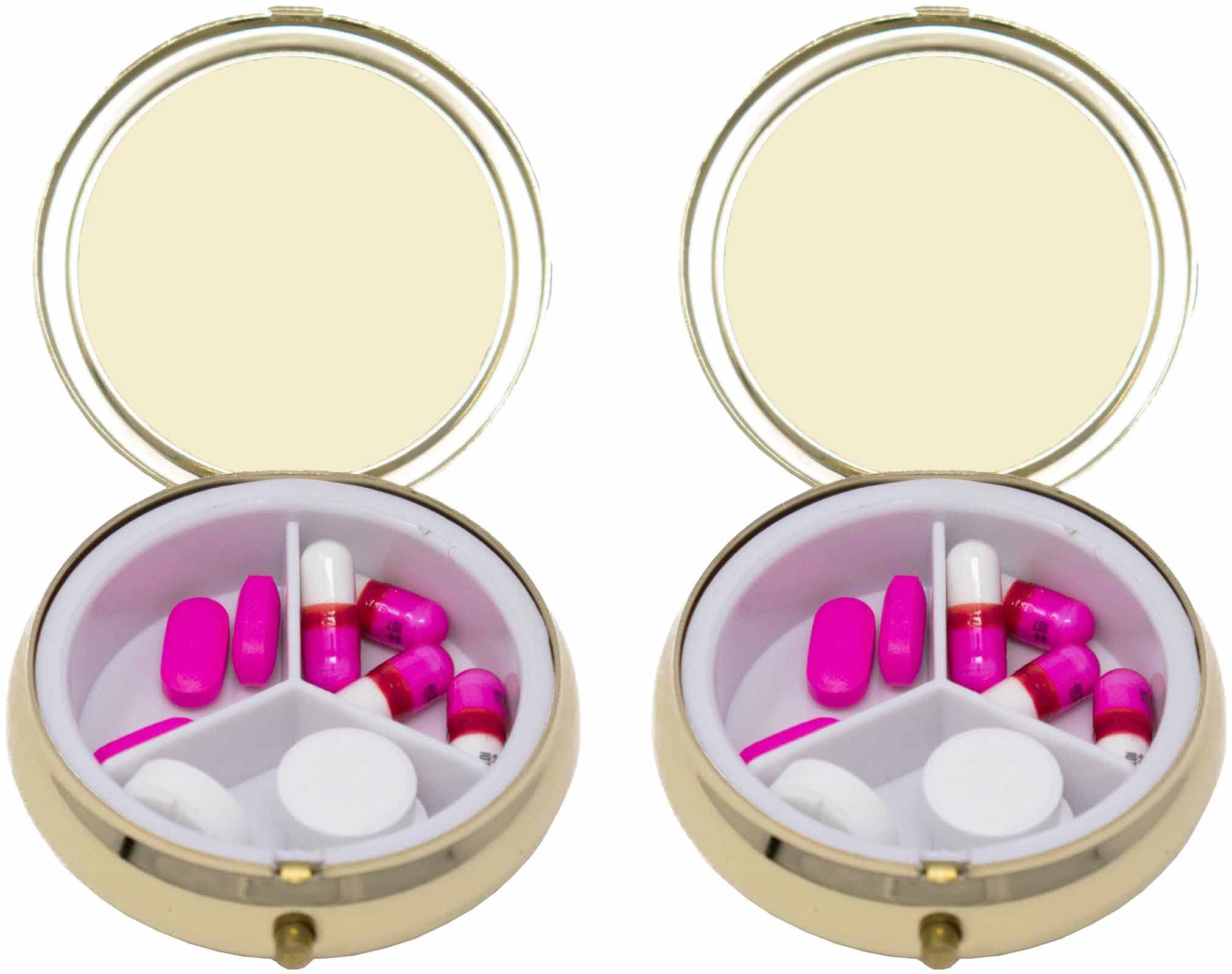 Set of 2 Circular Embossed Triple-Compartment Pocket Purse Pill Box & Organizer (Large Gold Curved)