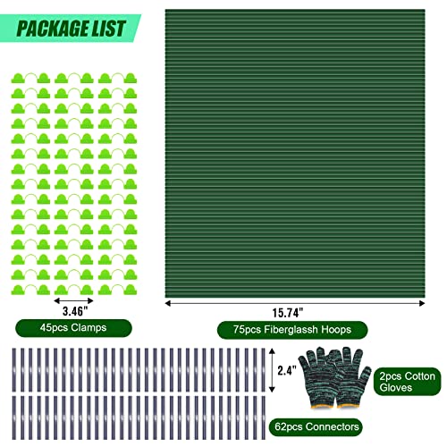 Green Garden Hoops 15 Sets of 6.56 ft Long 75pcs 15.7" with Dia 0.354 in Support Hoops for Garden Stakes,Raised Bed (75)