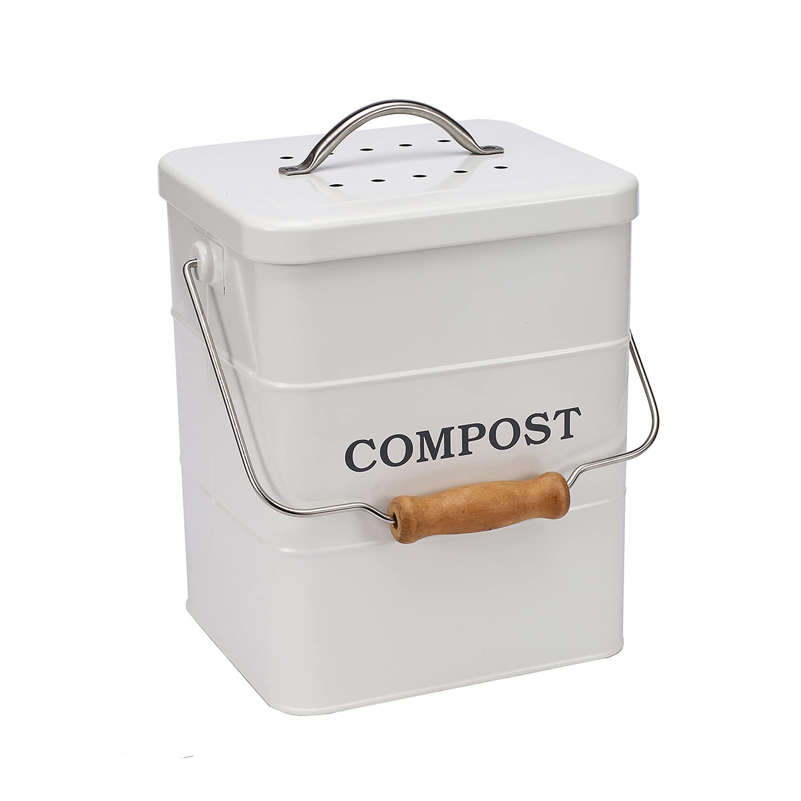 Compost Bin Kitchen Countertop Indoor Compost Pail Bucket, Great for Food Scraps, Carbon Steel, Handles, White, 1 Gallon - Includes Charcoal Filter