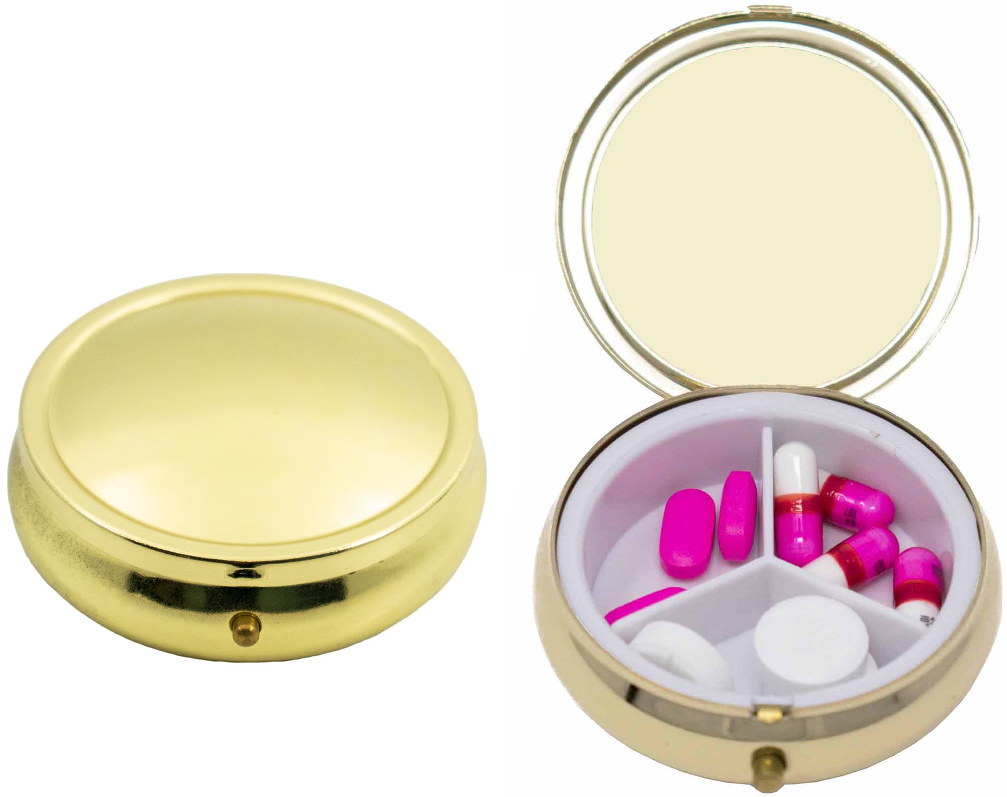Set of 2 Circular Embossed Triple-Compartment Pocket Purse Pill Box & Organizer (Large Gold Curved)
