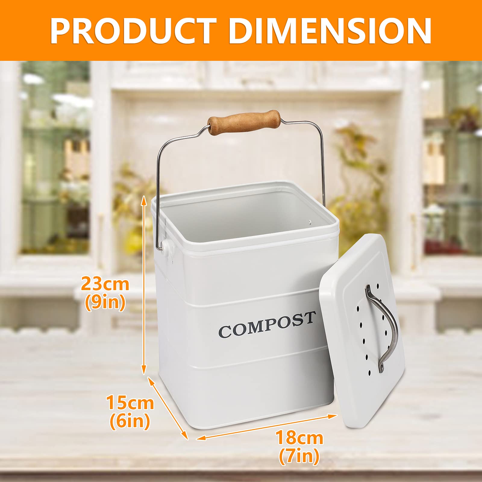 Compost Bin Kitchen Countertop Indoor Compost Pail Bucket, Great for Food Scraps, Carbon Steel, Handles, White, 1 Gallon - Includes Charcoal Filter