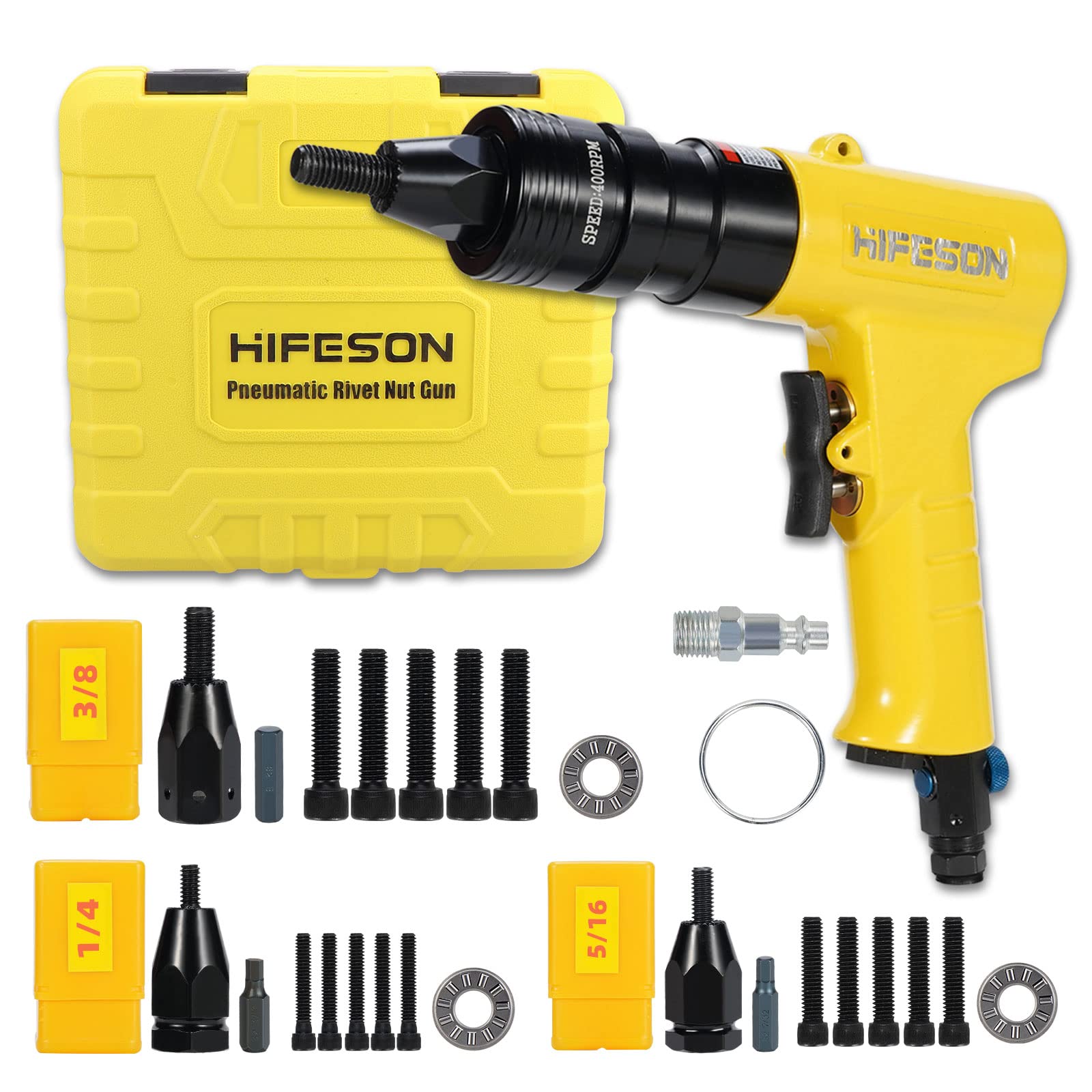 HIFESON Pneumatic Rivet Nut Gun with 1/4 & 5/16 & 3/8 Self-Locking Head Gun,Quick-Change Mandrels,Industrial Grade Adjustable Speed Air Rivnut Gun