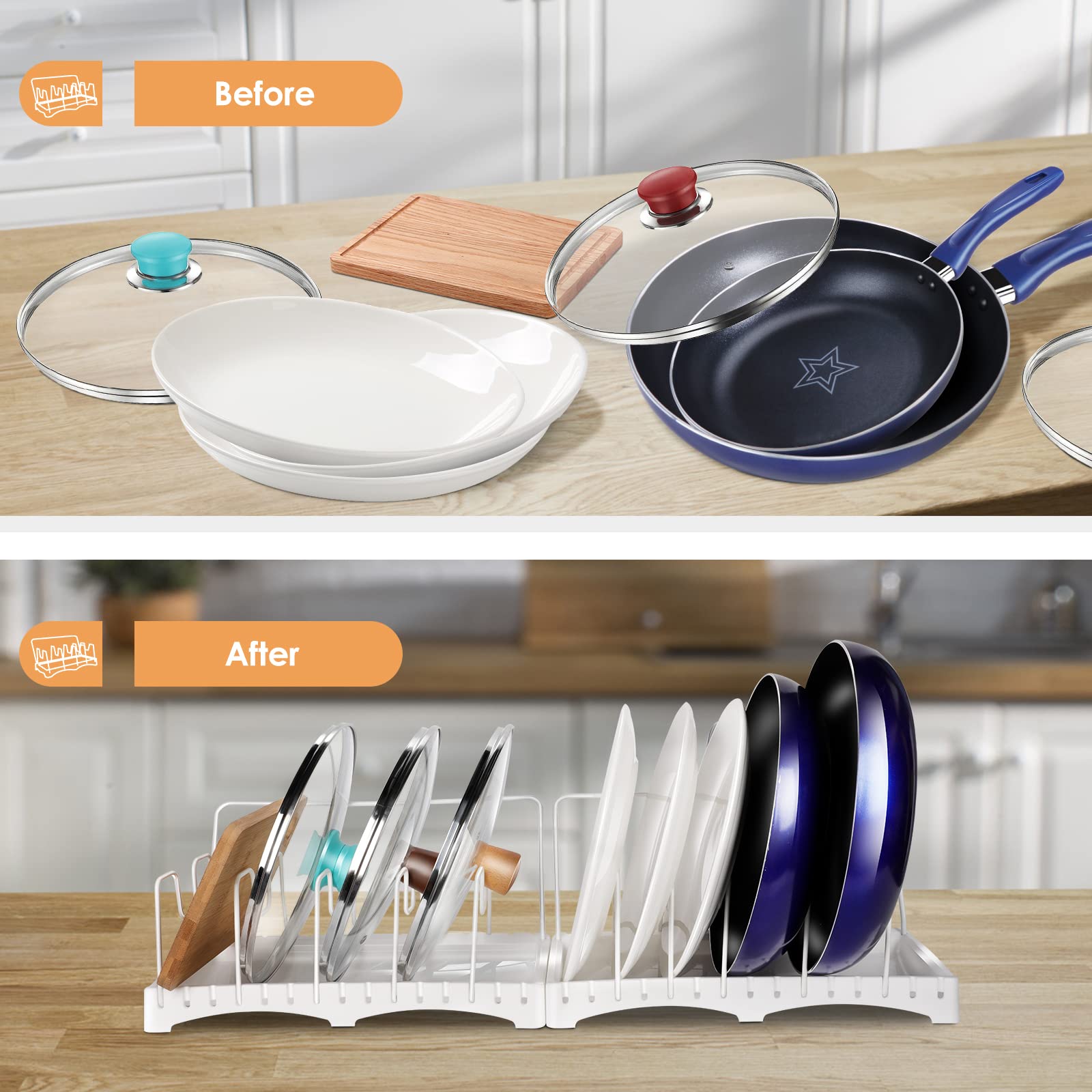 Zvonema ZNM Pan Organizer, Expandable Pot and Pan Organizer for Cabinet, Pots Lid Organizer Rack Holder with 10 Adjustable Compartment for Kitchen Pantry Storage, White