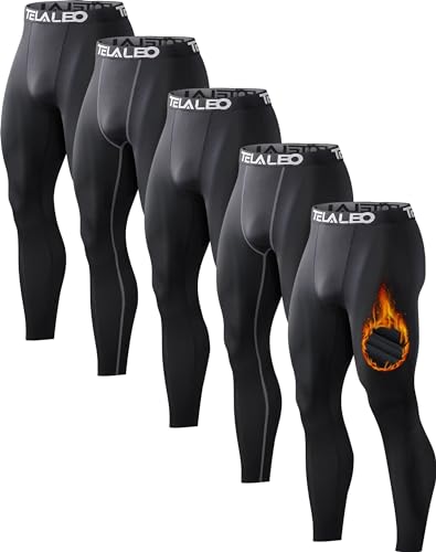 5 Pack Men's Thermal Compression Pants Fleece Lined Sports Tights Athletic Leggings Cold Weather Baselayer Winter Gear L