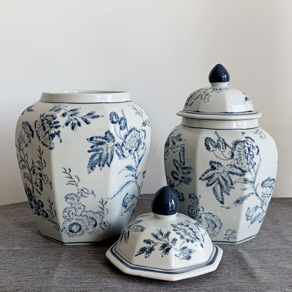 Blue and White Hand Painted Pattern Ceramic Ginger Jar with Lid Storage Decorative Jar for Home Decor (Size : Small)