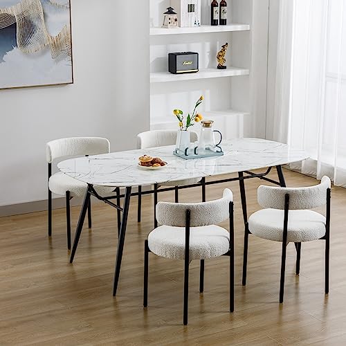 Locus Bono Boucle Dining Chairs Set of 4, Modern Upholstered Dining Room Chairs, Armless Kitchen Chair for Dining Room, Living Room, Black Metal Legs (4 PCS, White)