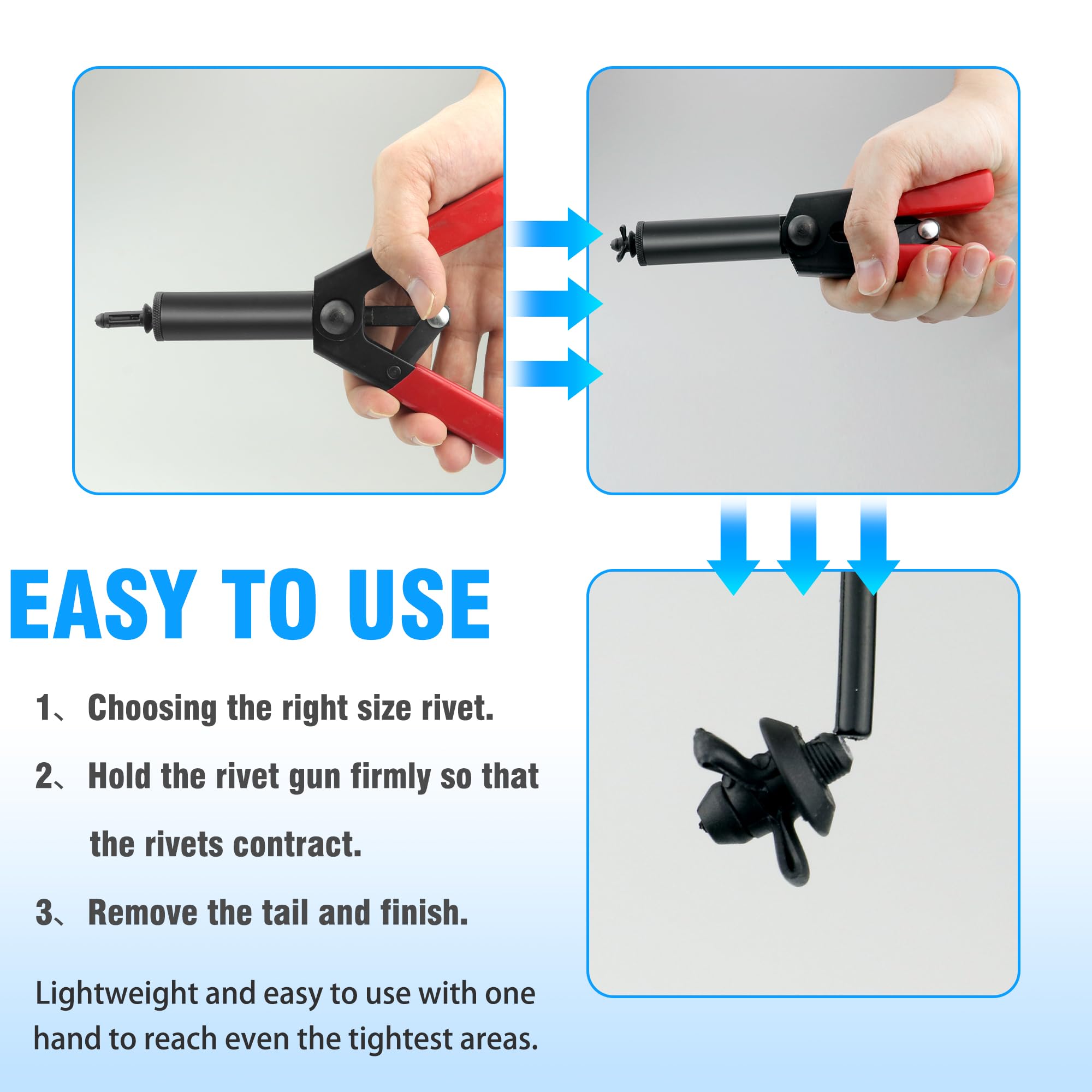 Rivet Gun Set with 3 Sizes Nylon Blind Rivets, 30 Pieces, Hand Riveter Suitable for Automotive and More