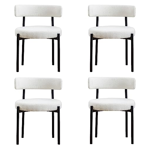 Locus Bono Boucle Dining Chairs Set of 4, Modern Upholstered Dining Room Chairs, Armless Kitchen Chair for Dining Room, Living Room, Black Metal Legs (4 PCS, White)