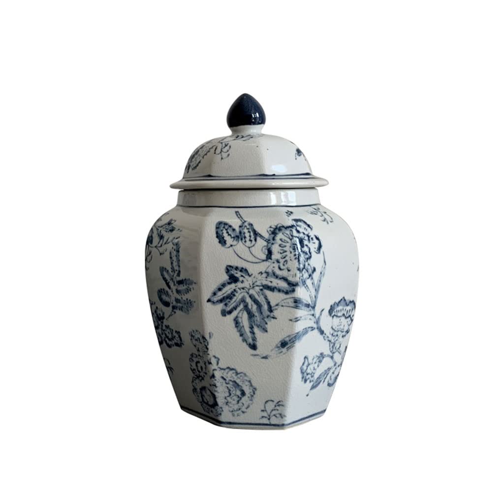 Blue and White Hand Painted Pattern Ceramic Ginger Jar with Lid Storage Decorative Jar for Home Decor (Size : Small)