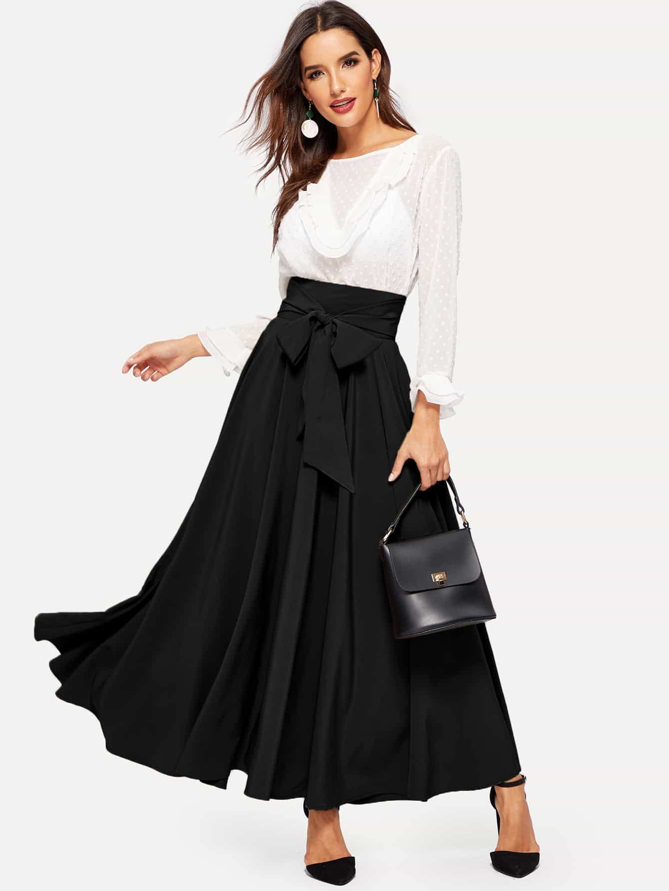 SweatyRocks Women's Elegant High Waist Skirt Tie Front Pleated Maxi Skirts Black L