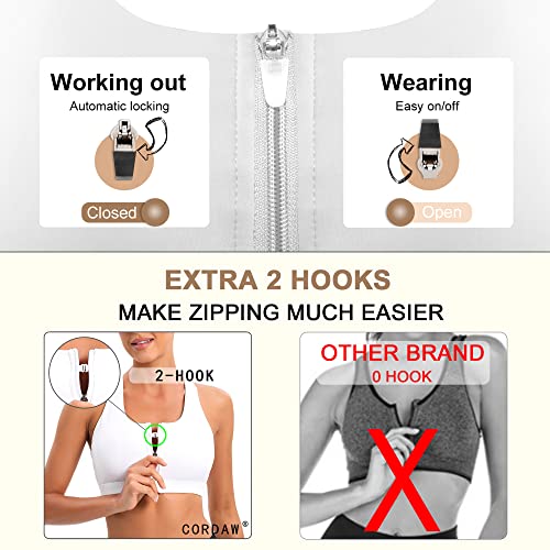 Cordaw Women Sports Bra Zipper Front Criss Cross Strappy Back Medium Impact Supportive Zip Up Bra-White 4XL