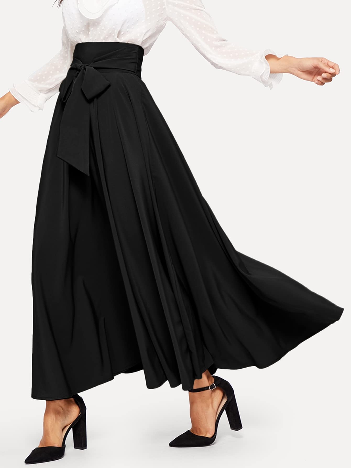 SweatyRocks Women's Elegant High Waist Skirt Tie Front Pleated Maxi Skirts Black L