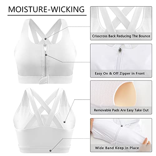 Cordaw Women Sports Bra Zipper Front Criss Cross Strappy Back Medium Impact Supportive Zip Up Bra-White 4XL