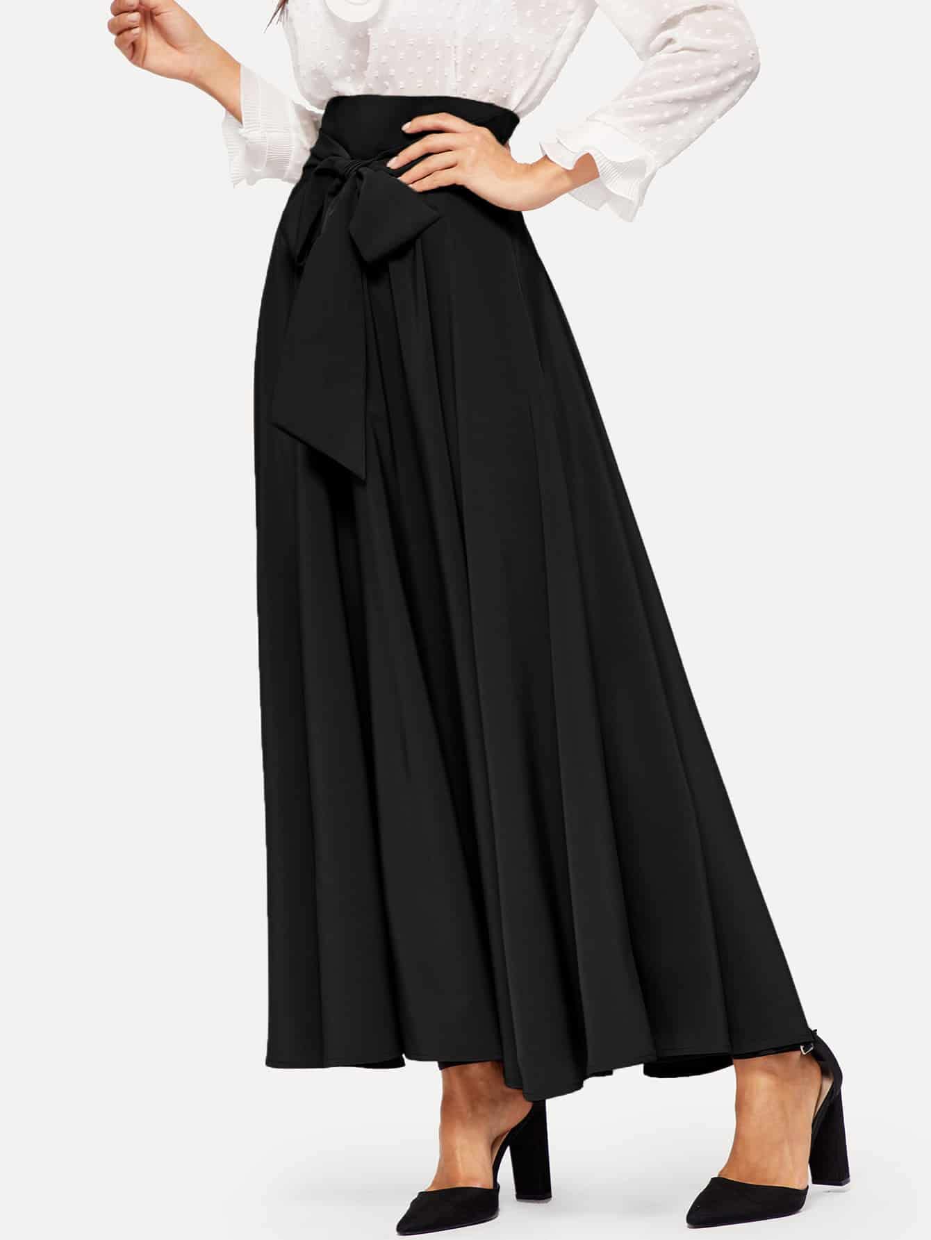 SweatyRocks Women's Elegant High Waist Skirt Tie Front Pleated Maxi Skirts Black L