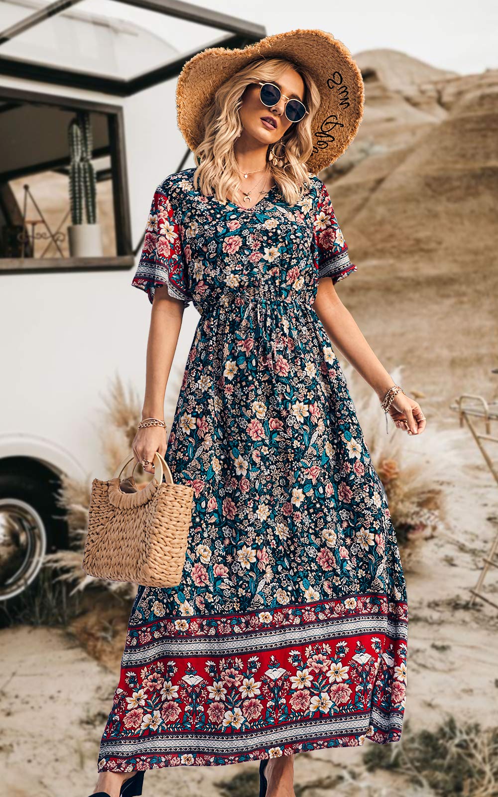 PRETTYGARDEN Women's Casual Summer Boho Floral Print Dress V Neck Short Sleeve High Waist Long Maxi Beach Dresses (Black,Medium)