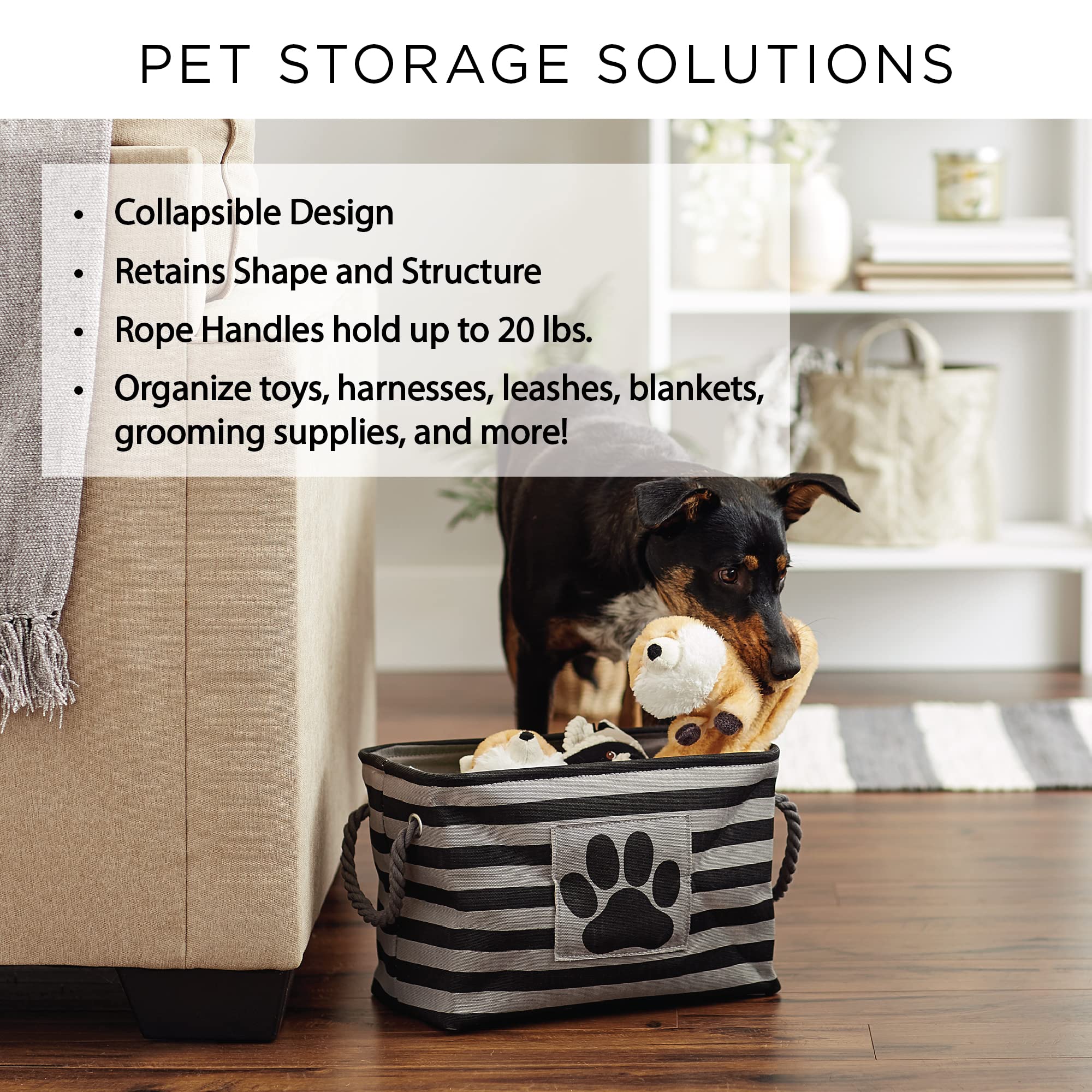 Bone Dry Pet Storage Collection Striped Paw Patch Bin, Small Rectangle, Gray